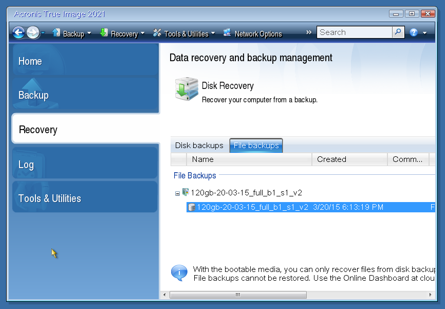 שחזור מקובץ tib שנוצר בתוכנת Acronis true image